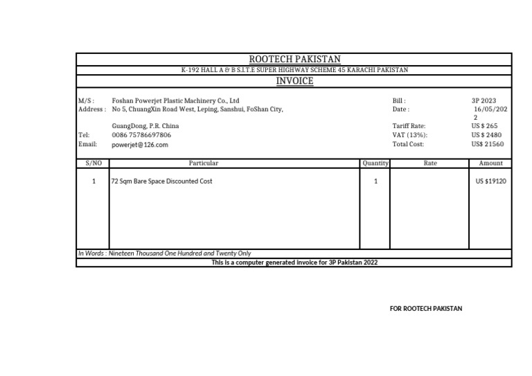 Rootech Pakistan Invoice: in Words: Nineteen Thousand One Hundred and ...
