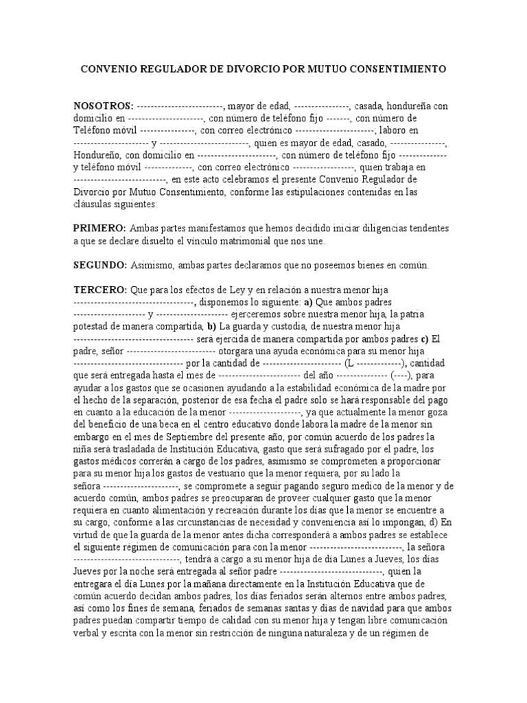 Convenio Regulador De Divorcio Por Mutuo Consentimiento Pdf Divorcio