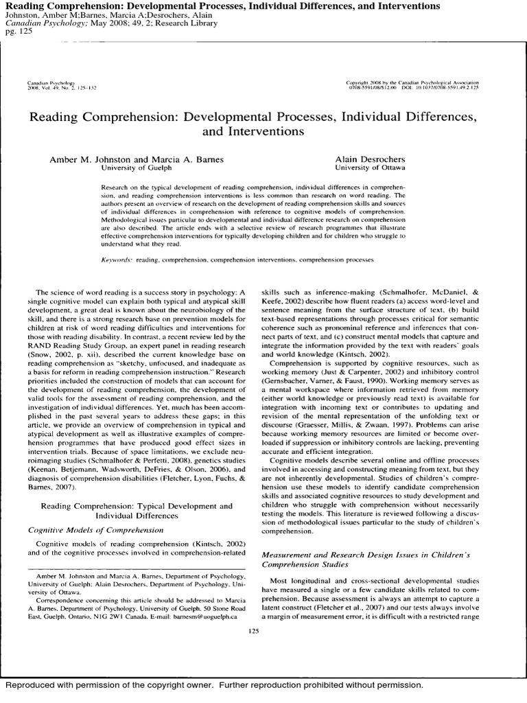 JohnstonBarnesDesrochers 2008 Reading Comprehension Developmental ...