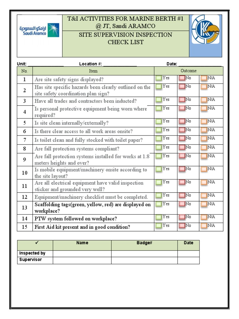 Site Supervisor Inspection Checklist | PDF