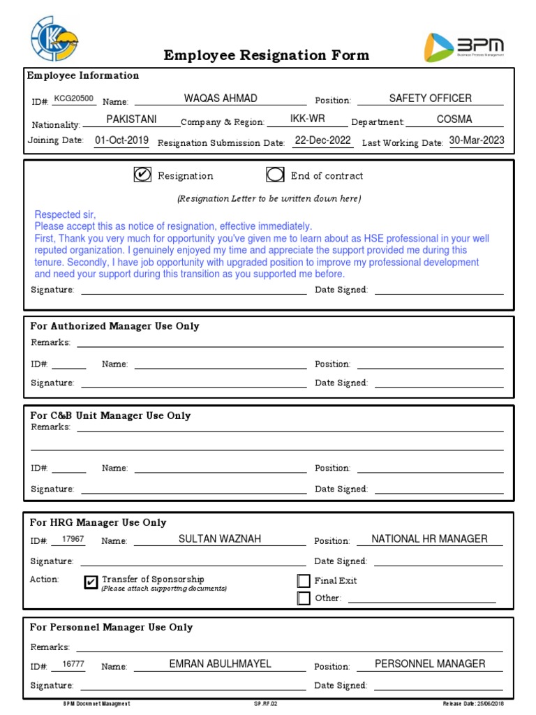 Resignation Form - Fillable - 222 | PDF