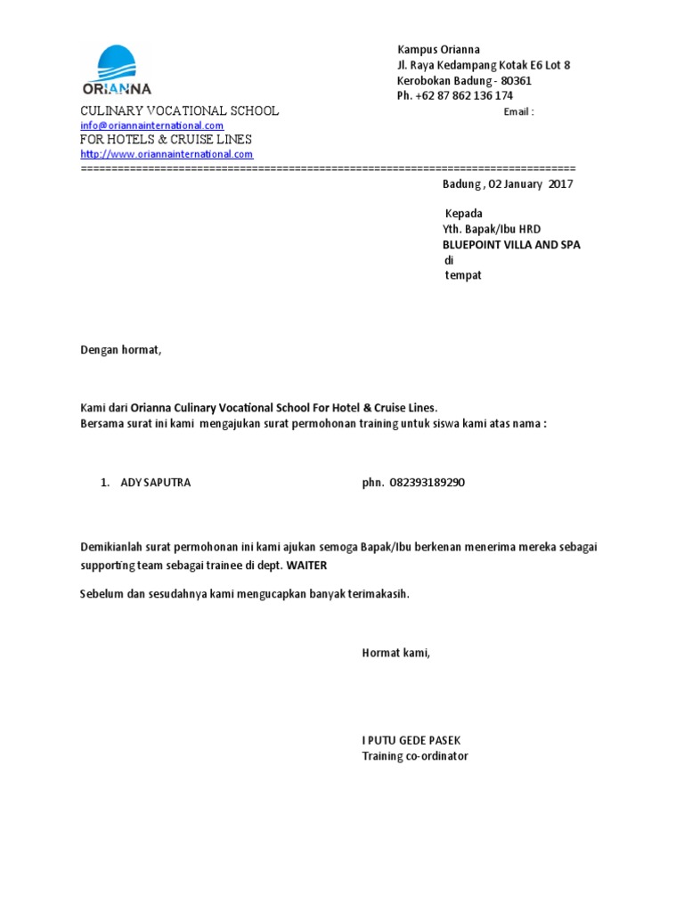 Surat Pengantar Training Siswa | PDF