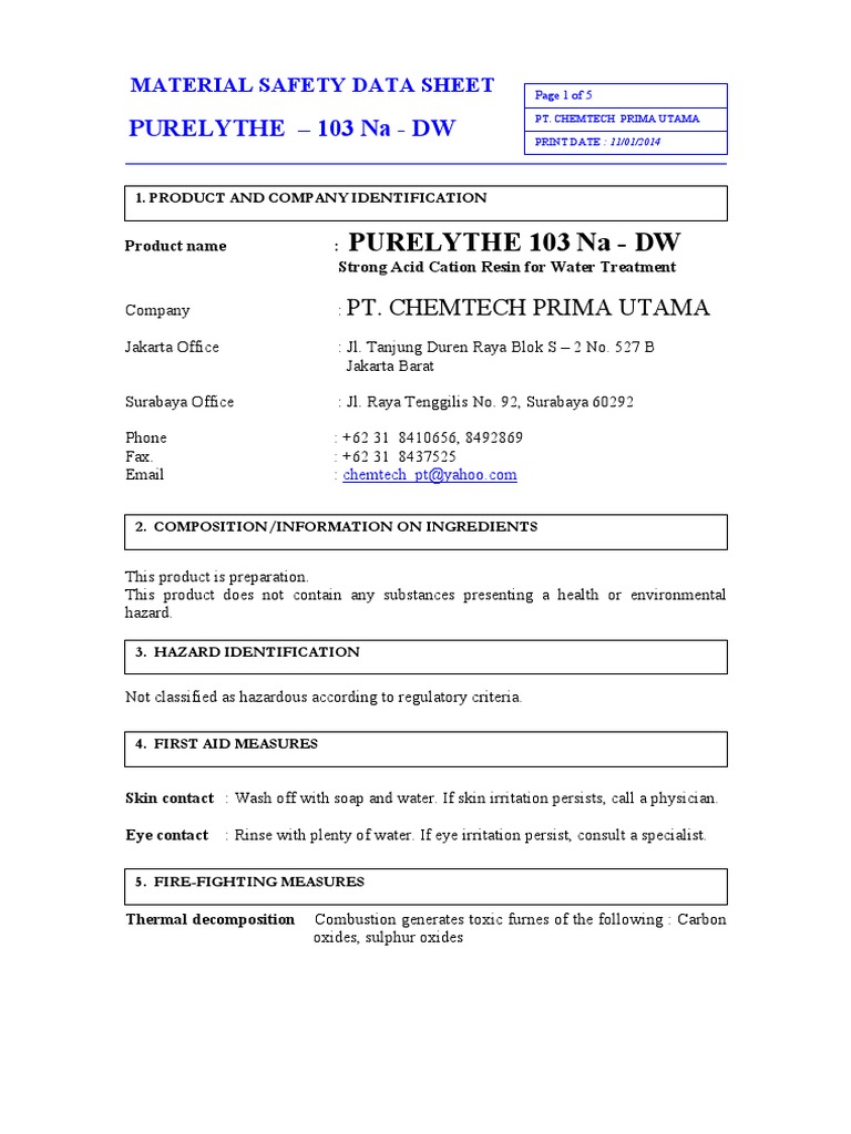 Material Safety Data Sheet for PURELYTHE 103 Na - DW Strong Acid Cation Resin for Water ...