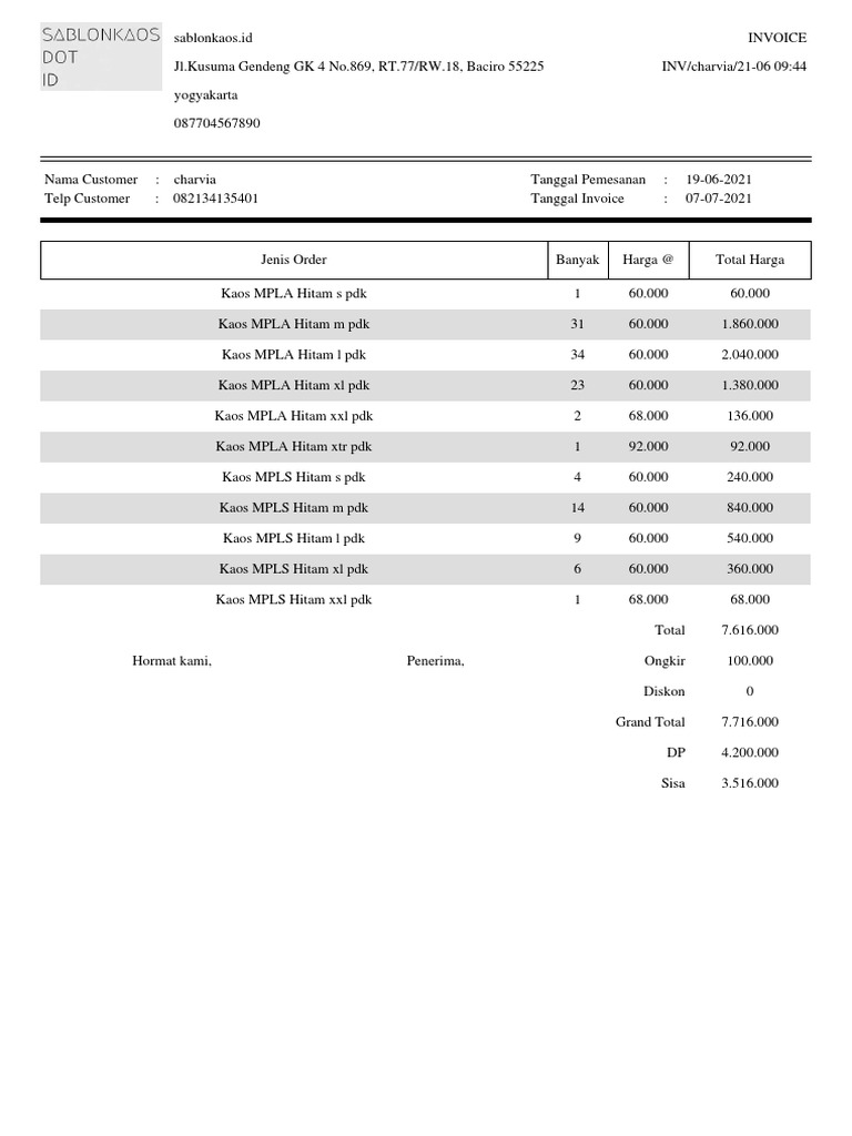 Invoice for Custom T-Shirt Order | PDF