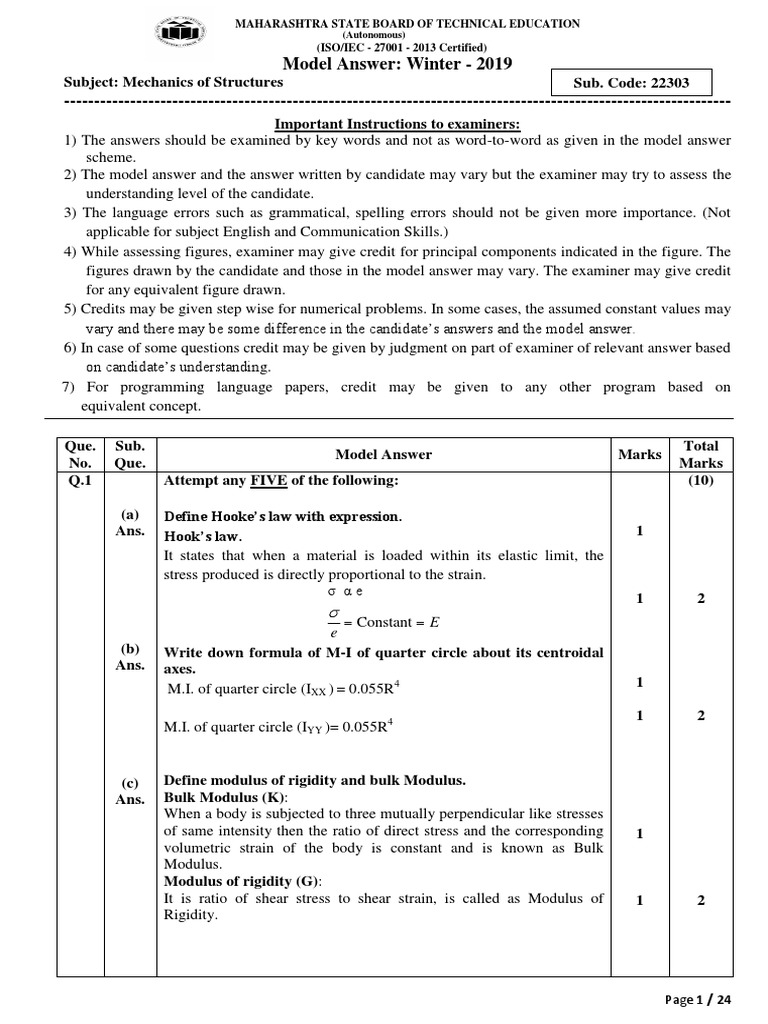 Mechanics of Structures Model Answer 22303 | PDF | Young's Modulus | Buckling