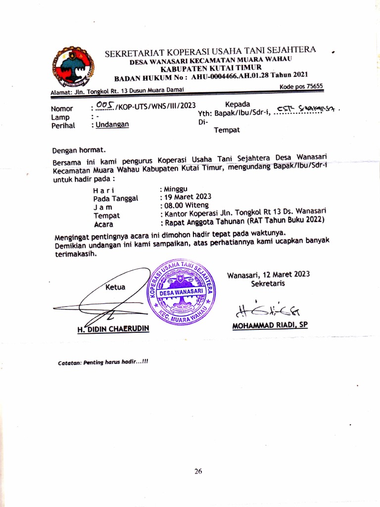 Undangan Rapat Anggota Tahunan Koperasi Pertanian Sumber Rejeki Desa ...