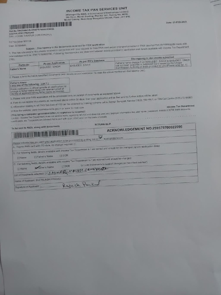 PAN Application Document Discrepancy Notice | PDF | Money