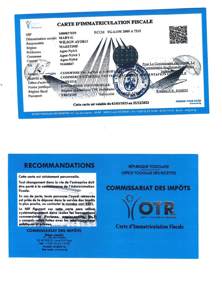 Carte D'immatriculation Fiscale | PDF