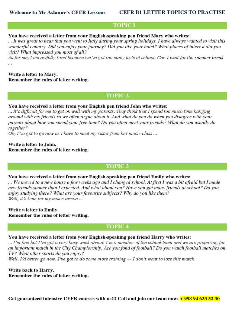 Cefr - B1 - Letter Topics - To Practise | PDF