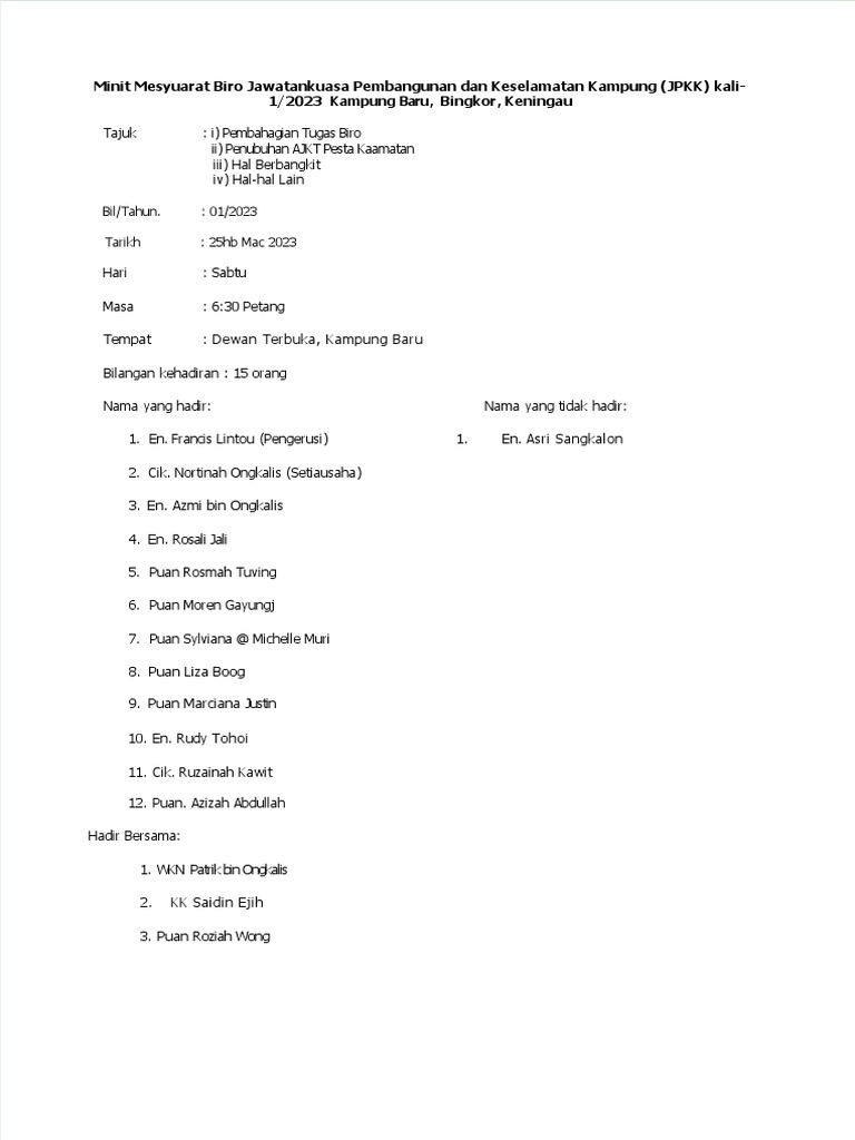 Minit Mesyuarat Biro Jawatankuasa Pembangunan Dan Keselamatan Kampung (JPKK) Kali-1/2023 Kampung ...