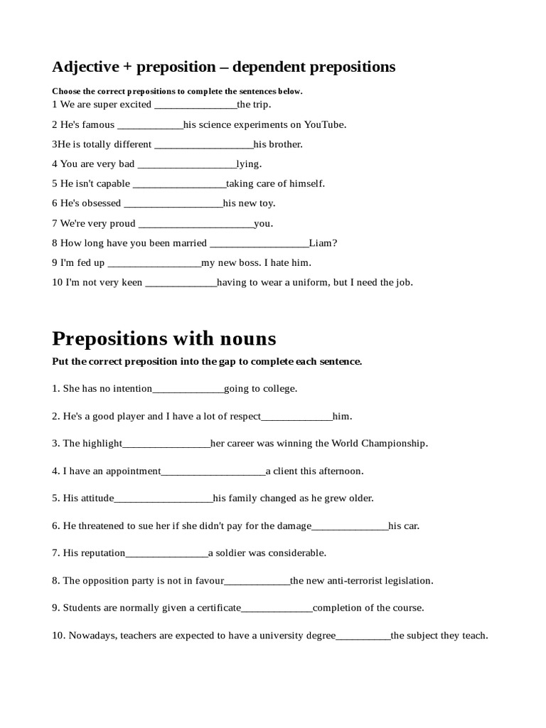 Prepositions With Nouns: Adjective + Preposition - Dependent Prepositions | PDF