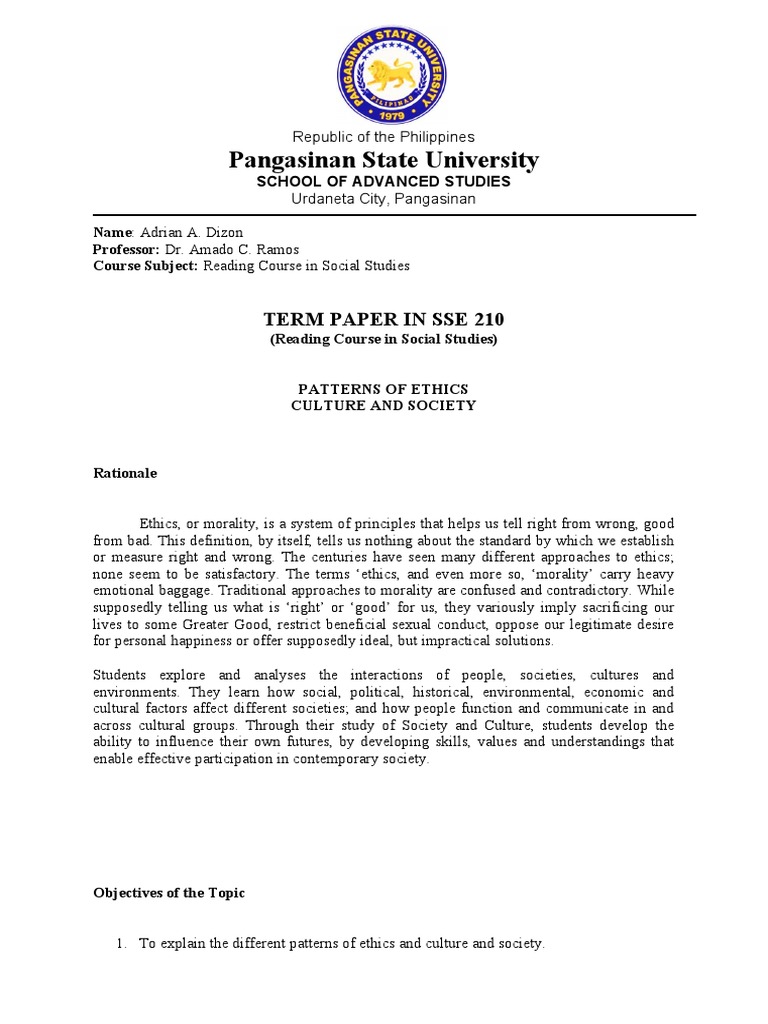 Term Paper Sse 210 (Dizon, Adrian A.) | PDF | Morality | Social Sciences