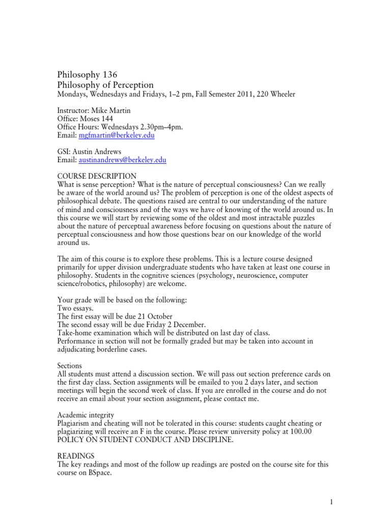 Philosophy 136 Course Outline | PDF | Perception | Consciousness