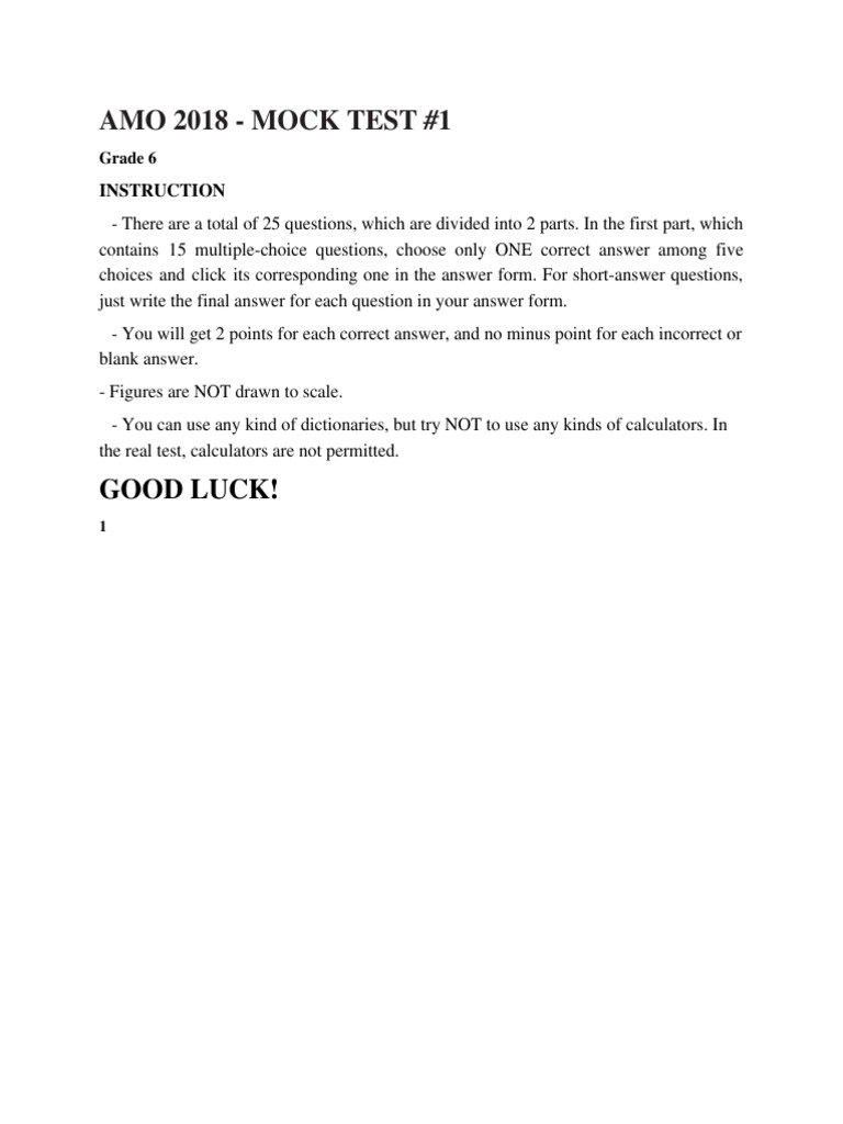 AMO Mock Test #1 - Grade 6 | PDF | Multiple Choice | Prime Number