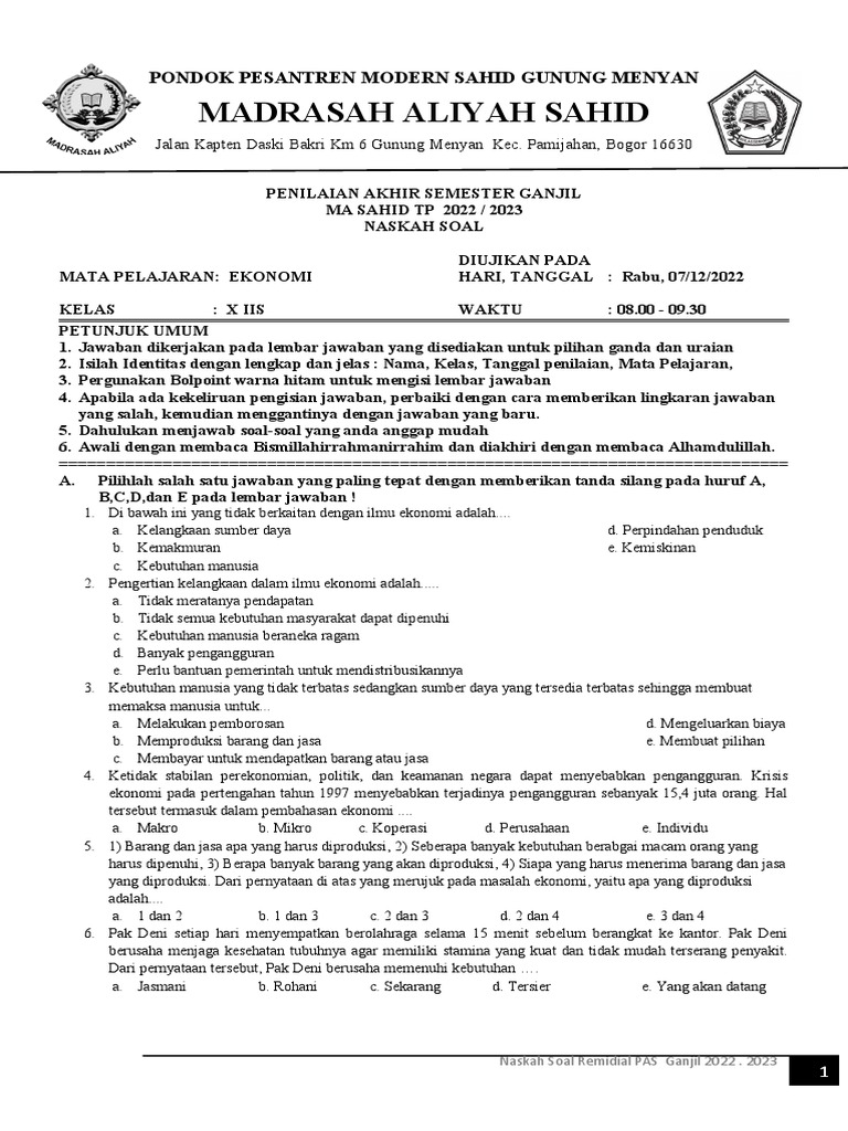 Soal Pas Ganjil Eko Kelas X Iis 22 | PDF