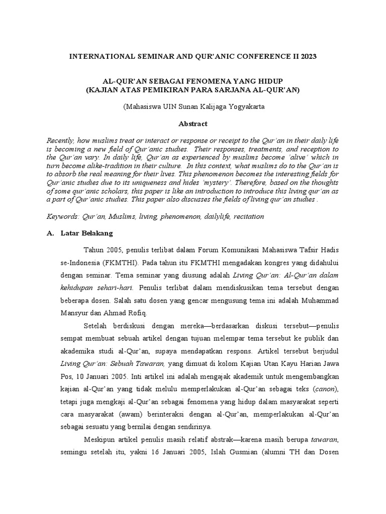 International Seminar and Qur'Anic Conference Ii 2023 Al-Qur'An Sebagai Fenomena Yang Hidup ...