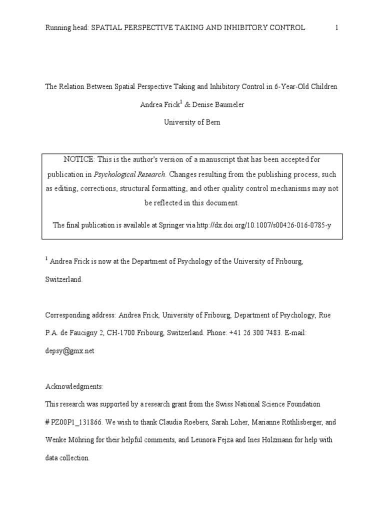 The Role of Inhibitory Control in Spatial Perspective Taking Among 6-Year-Old Children | PDF ...
