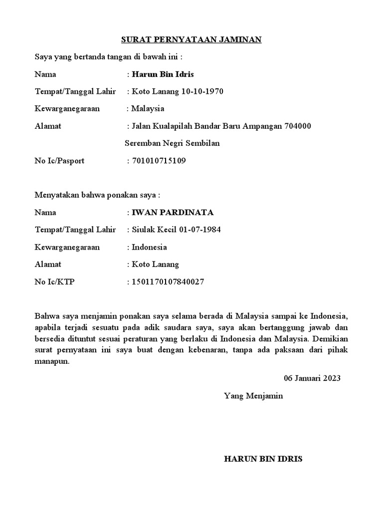 Surat Pernyataan Jaminan | PDF