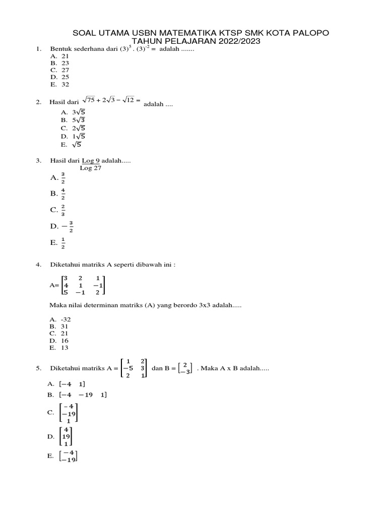 Soal Utama Usbn Matematika KTSP SMK Kota Palopo TAHUN PELAJARAN 2022/2023 | PDF | Metode & Bahan ...