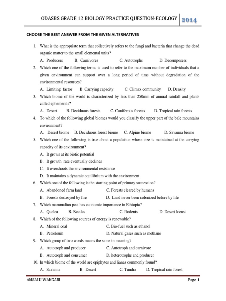 Grade 12 Biology Ecology Quiz | PDF | Ecosystem | Ecology