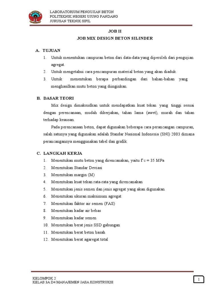 Job Ii Job Mix Design Beton Silinder A. Tujuan | PDF