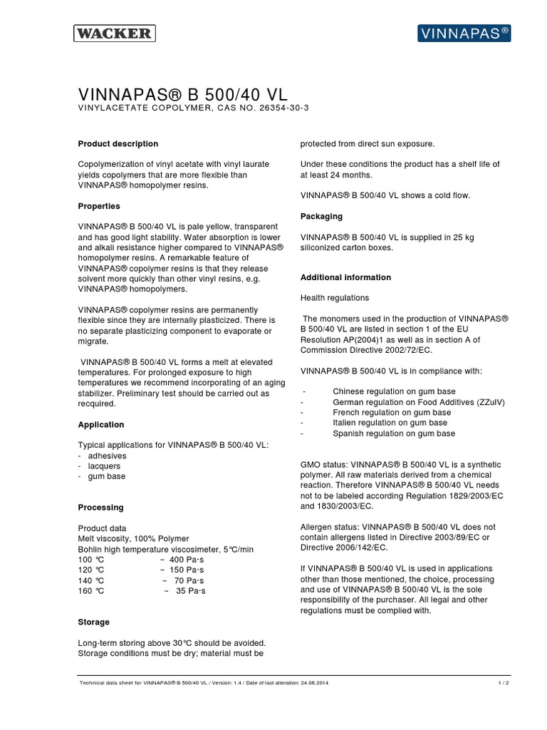 Vinnapas B 500 | PDF | Copolymer | Polymers