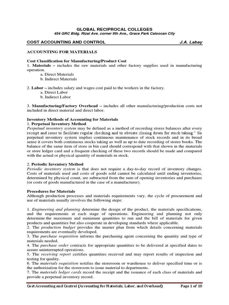 3.0 Accounting For Materials, Labor, and OH 2023 | Download Free PDF | Cost Of Goods Sold ...