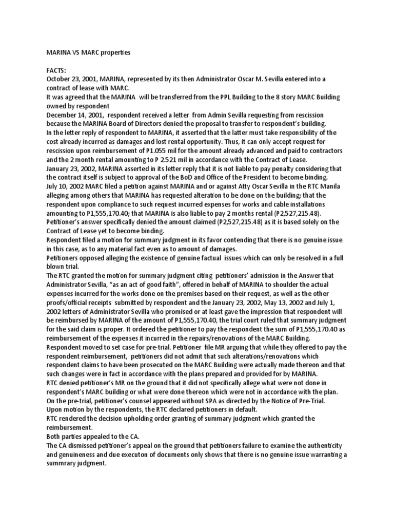 MARINA VS MARC Properties Digest | PDF | Summary Judgment | Judgment (Law)