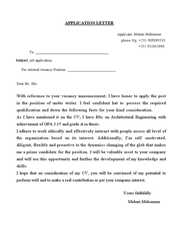 Application Letter: Applicant: Mehari Mekonnen Phone No: +251 909889533 +251 932643904 To | PDF
