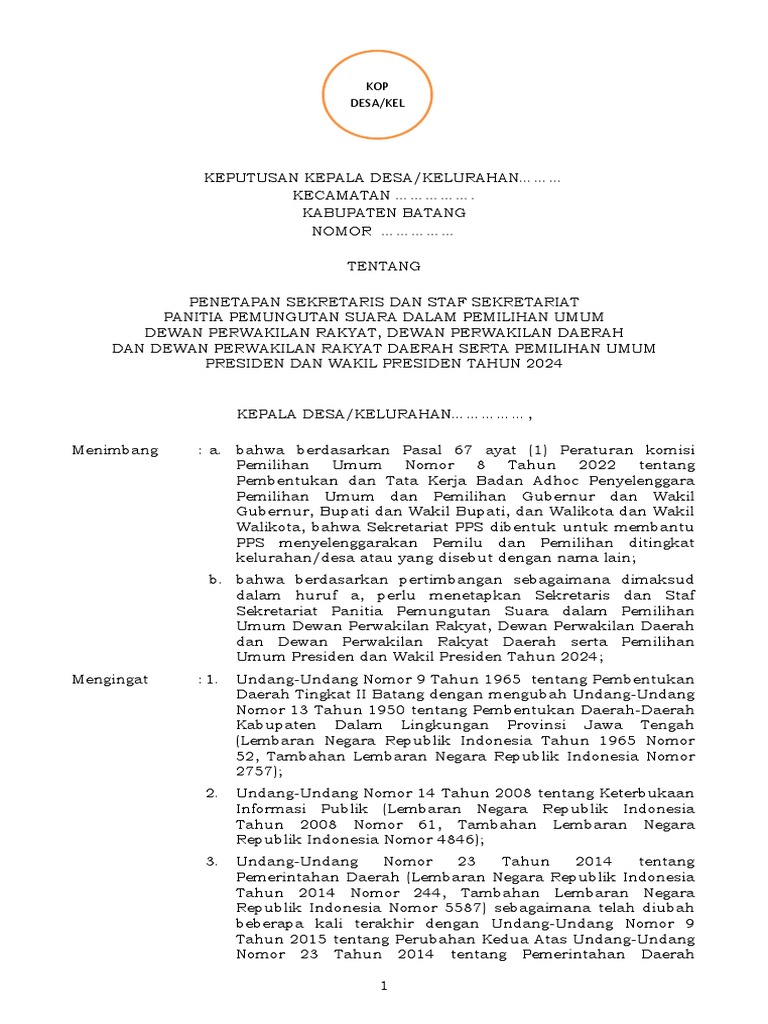 Penetapan Sekretaris Dan Staf Sekretariat PPS1 | PDF | Hukum | Griya & Taman