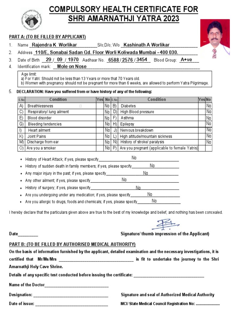 Compulsory Health Certificate For Shri Amarnathji Yatra 2023 | PDF ...
