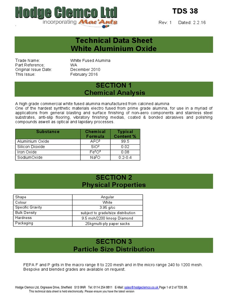 TDS 38 White Aluminium Oxide | PDF | Aluminium Oxide | Chemical Substances