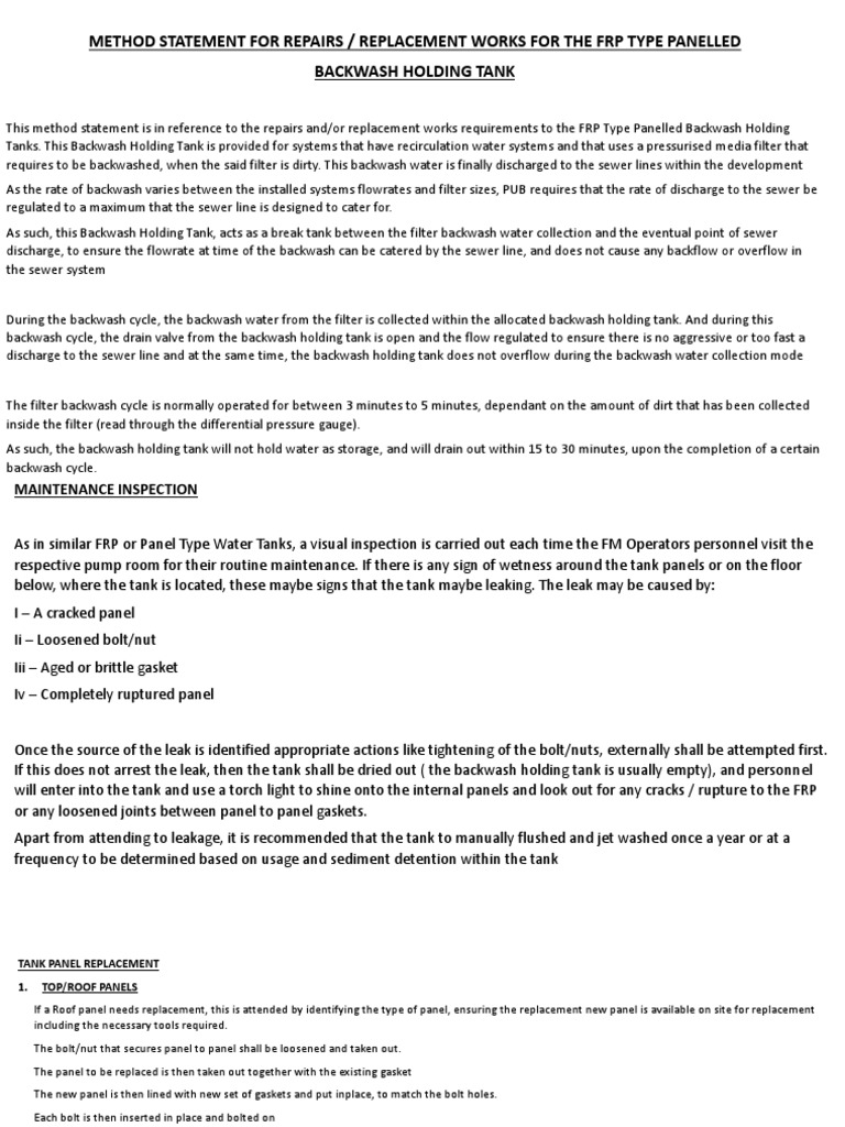 Method Statement For FRP Tank Panel Replacement | PDF | Storm Drain ...
