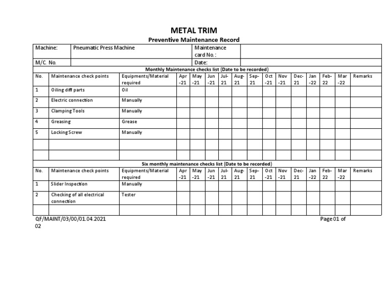 Pneumatic Press Maintenance Record | PDF