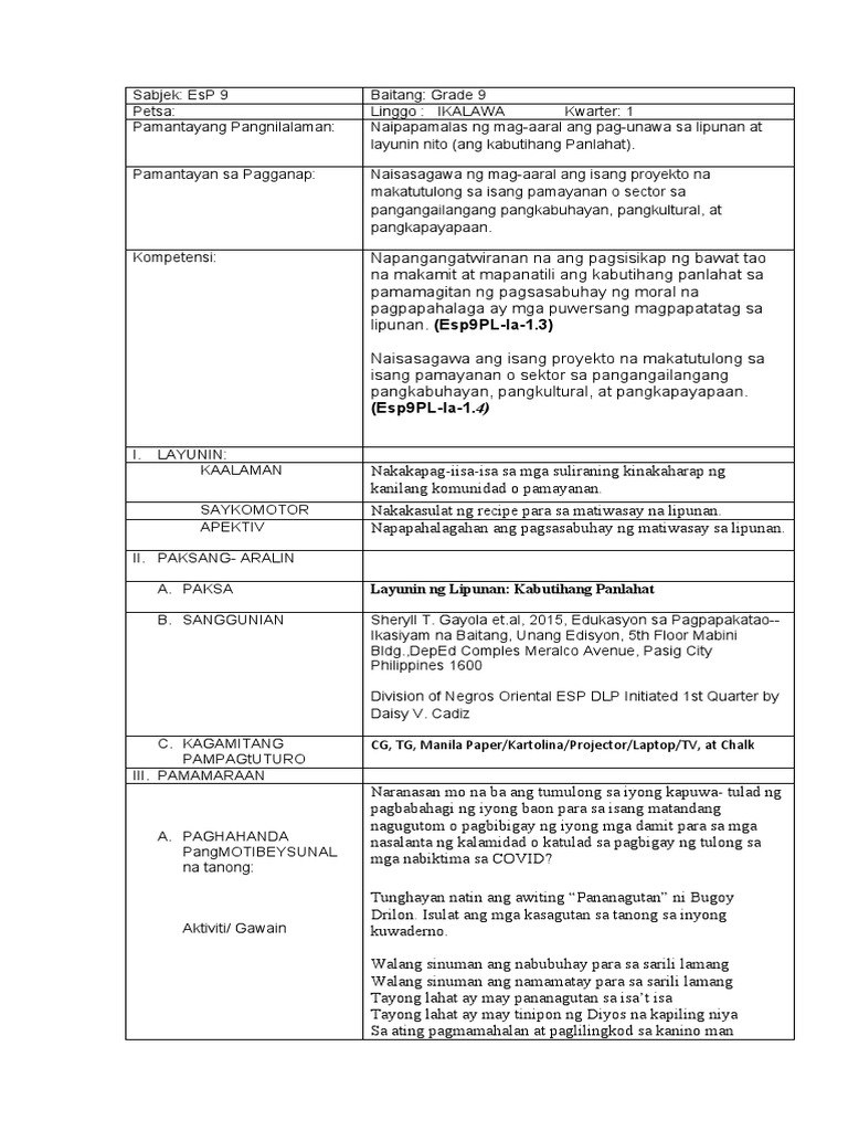EsP9 - Lesson Plan - Week2 - Q1 | PDF