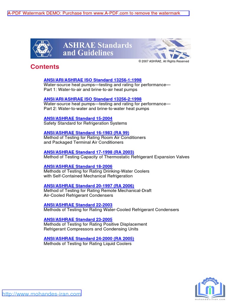 ASHRAE Standards List | PDF | Air Conditioning | Water Heating
