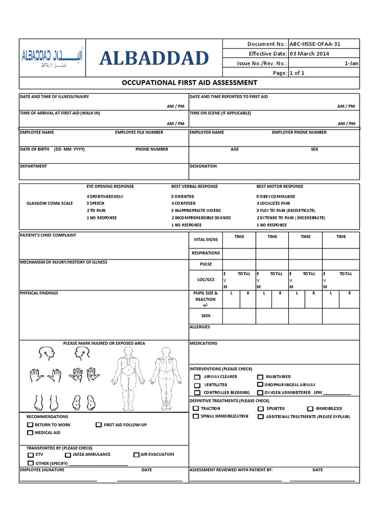 Occupational First Aid Assessment Form | PDF | First Aid | Health Care