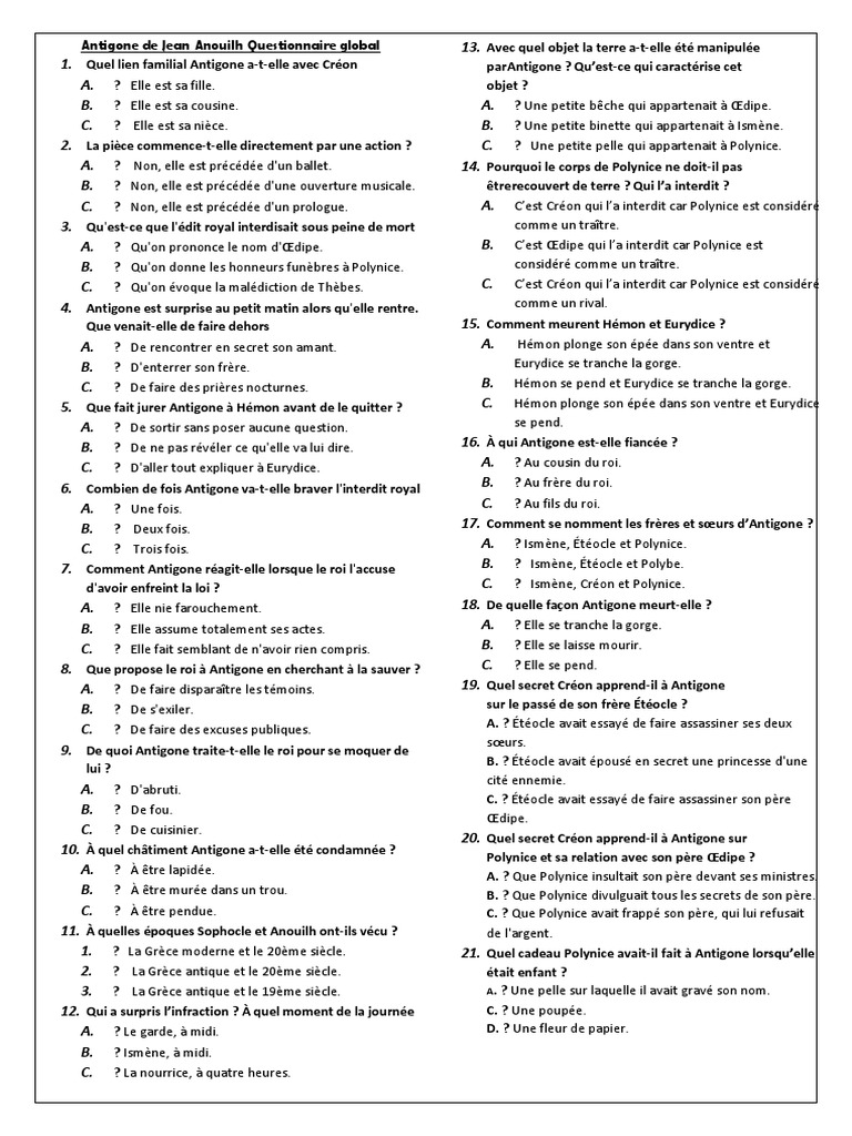 Questionnaire sur Antigone d'Anouilh | PDF | Thèbes (Grèce ...