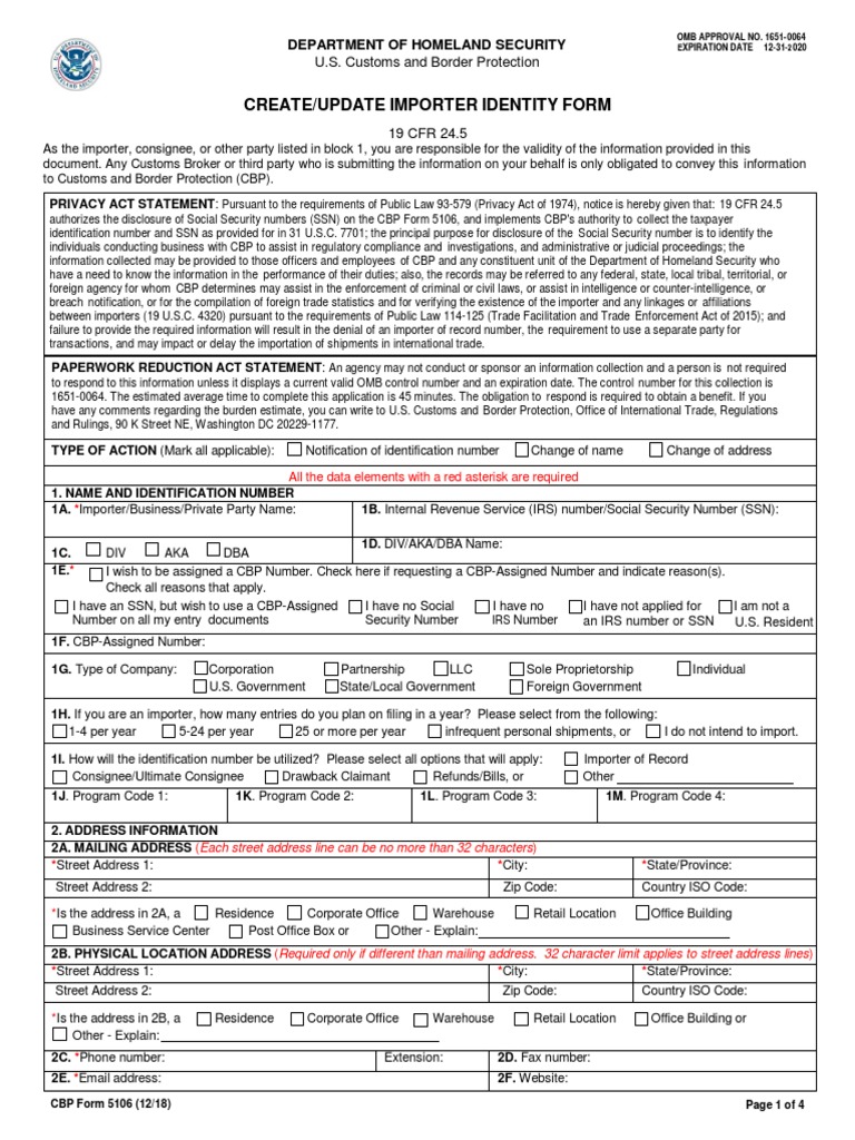 CBP Form 5106: Importer Identity Guide | PDF