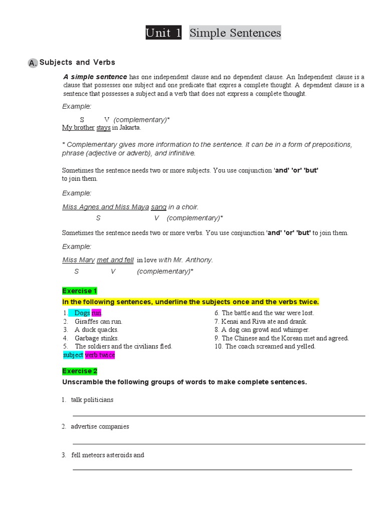 Simple Sentence and Exercises | PDF | Adverb | Adjective