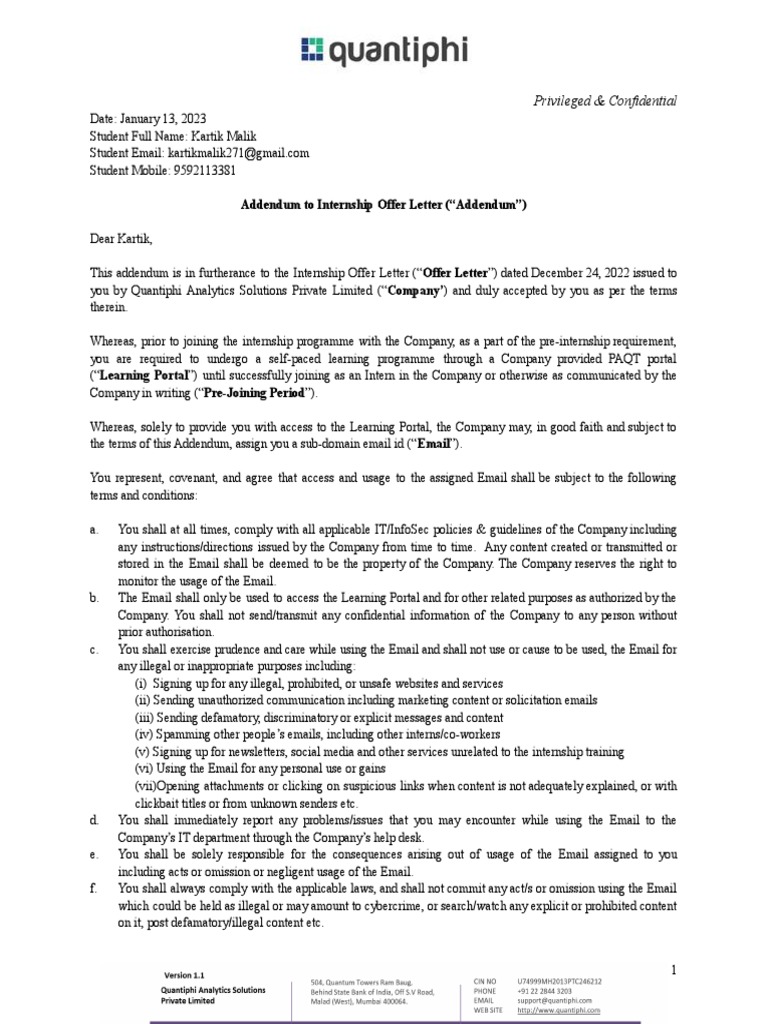 Addendum To Internship Offer Letter ("Addendum") : Privileged ...