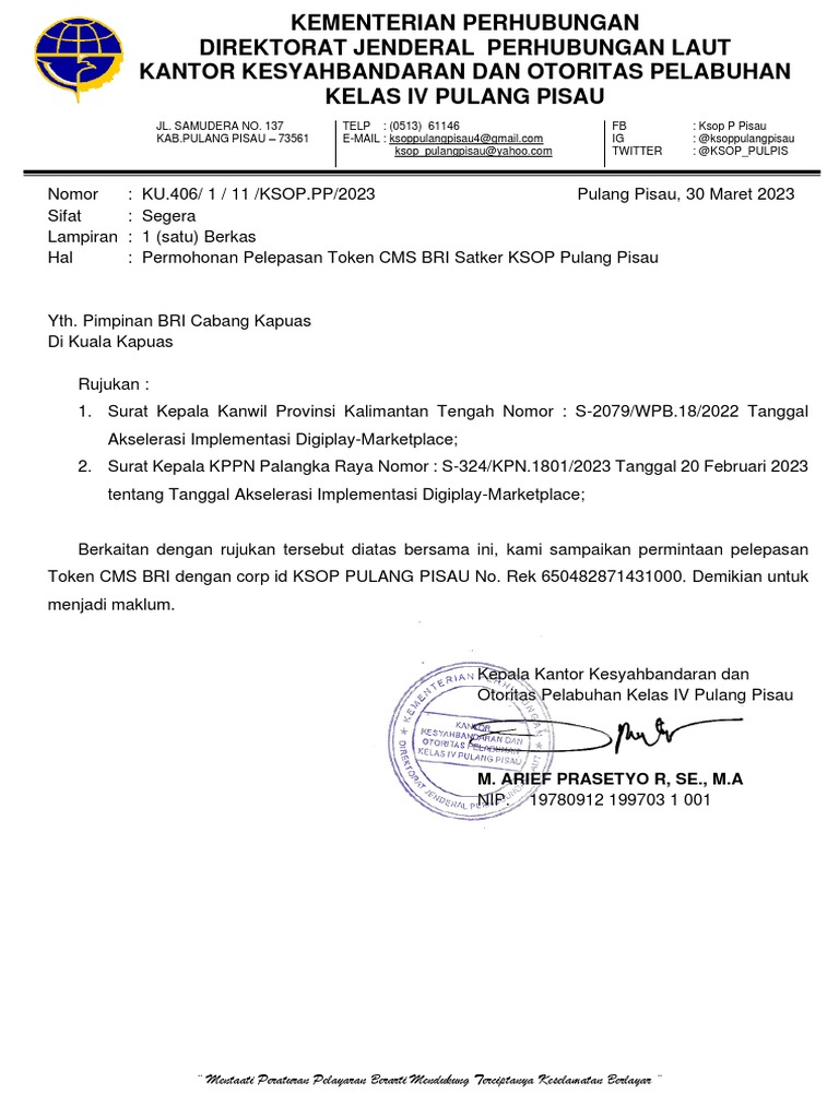 Permohonan Token CMS BRI KSOP Pulang Pisau | PDF
