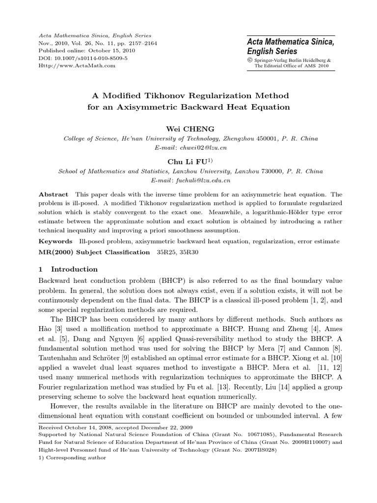 A Modified Tikhonov Regularization Method For An Axisymmetric Backward Heat Equation | PDF ...