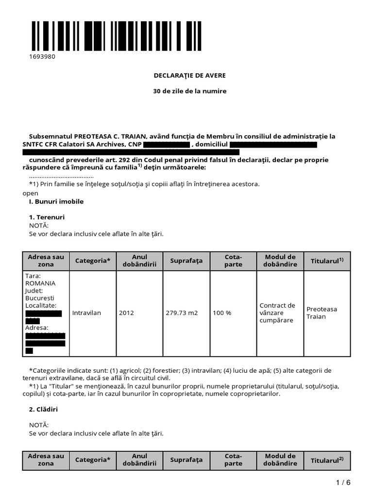 Preoteasa Traian Declaratie Avere Membru CA CFR Calatori | PDF