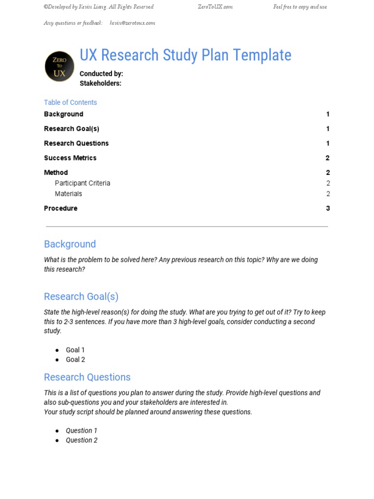 UX Research Study Plan Template: Background | PDF | Usability