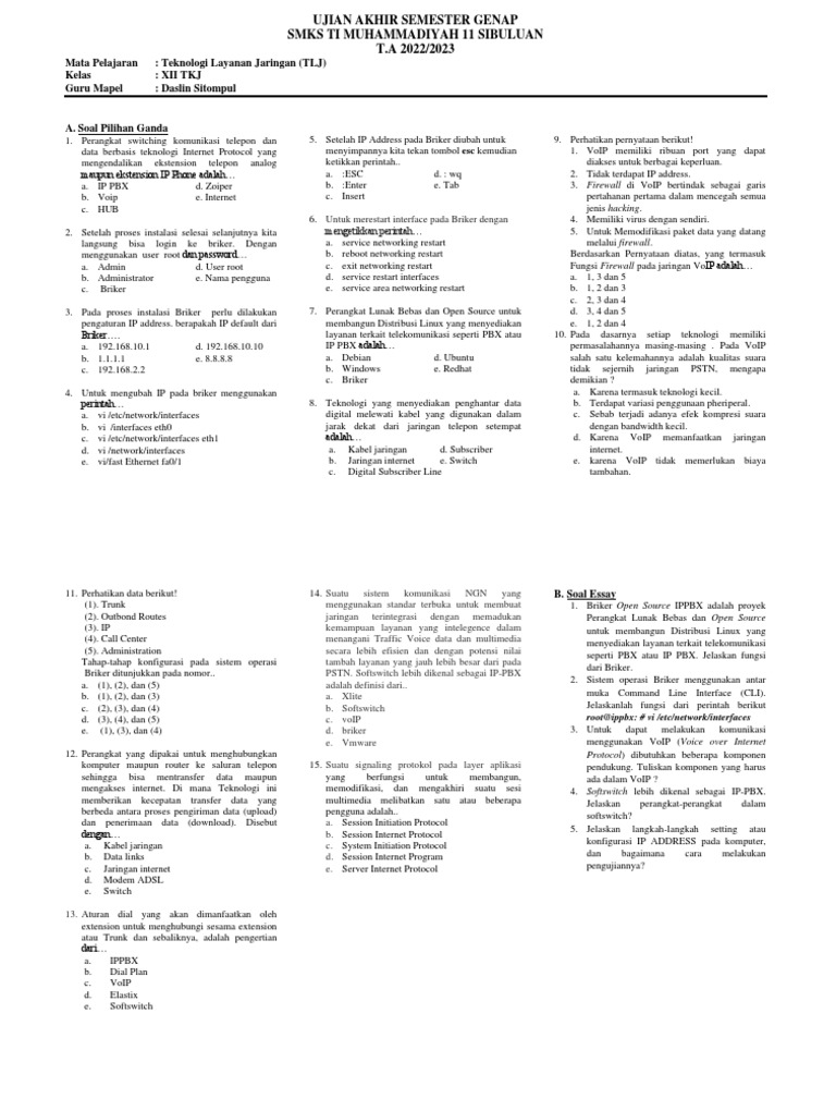 FIX - Daslin-UAS Genap XII TKJ 2022-2023 - TLJ | PDF