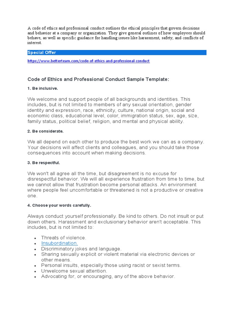 Code of Ethics and Professional Conduct Sample Template:: Special Offer ...