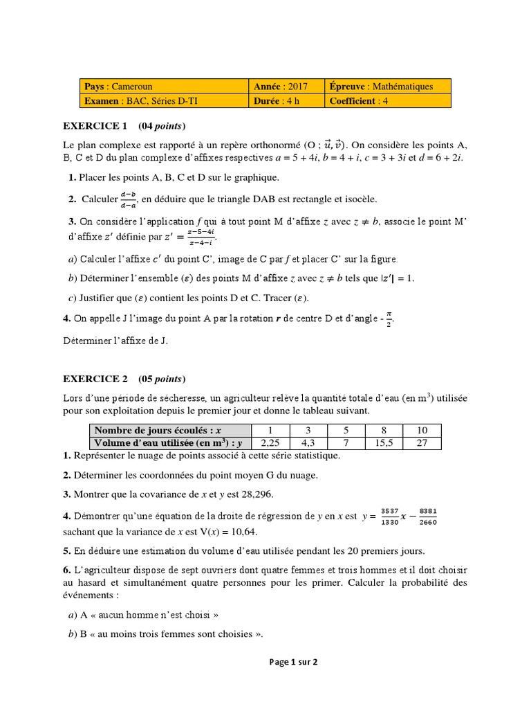 Sujet Maths BAC 2017 Cameroun | PDF | Limite (mathématiques) | Équations