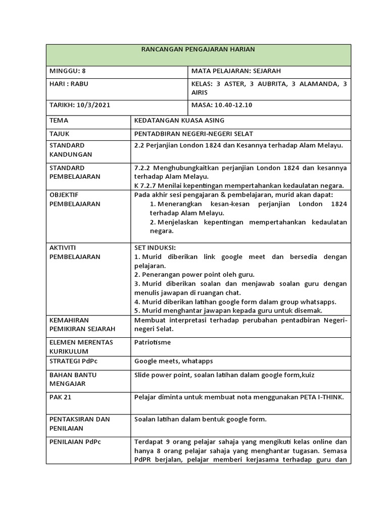 E-RPH SEJARAH TINGKATAN 3 (Minggu 9) | PDF
