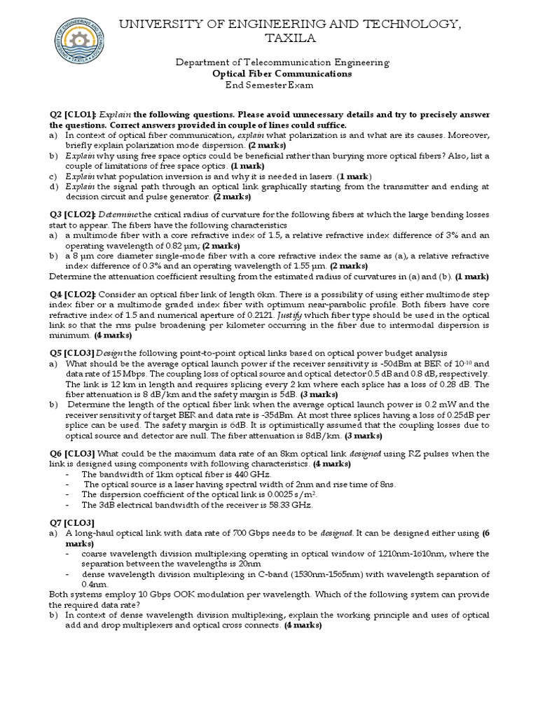 End Semester Exam | PDF | Optical Fiber | Optics